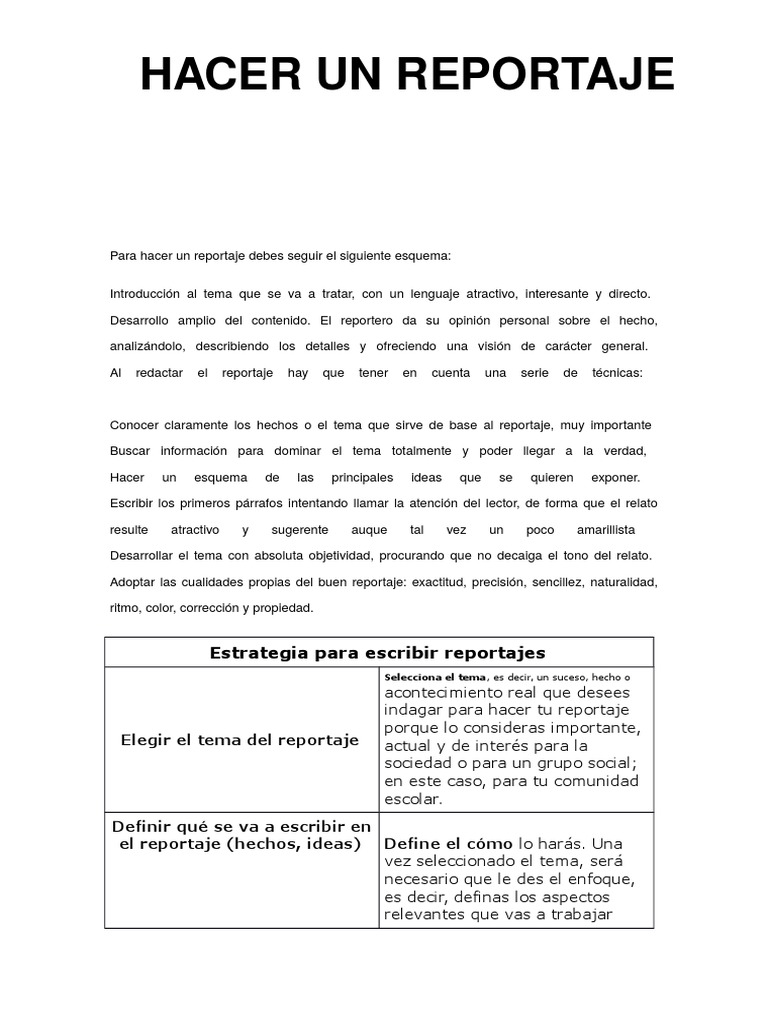 Para Hacer Un Reportaje Debes Seguir El Siguiente Esquema | PDF | Información | Escritura