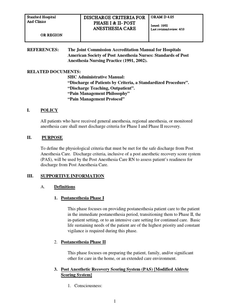 Discharge Criteria For Phase I and II Post Anesthesia Care D 4 05 PDF ...