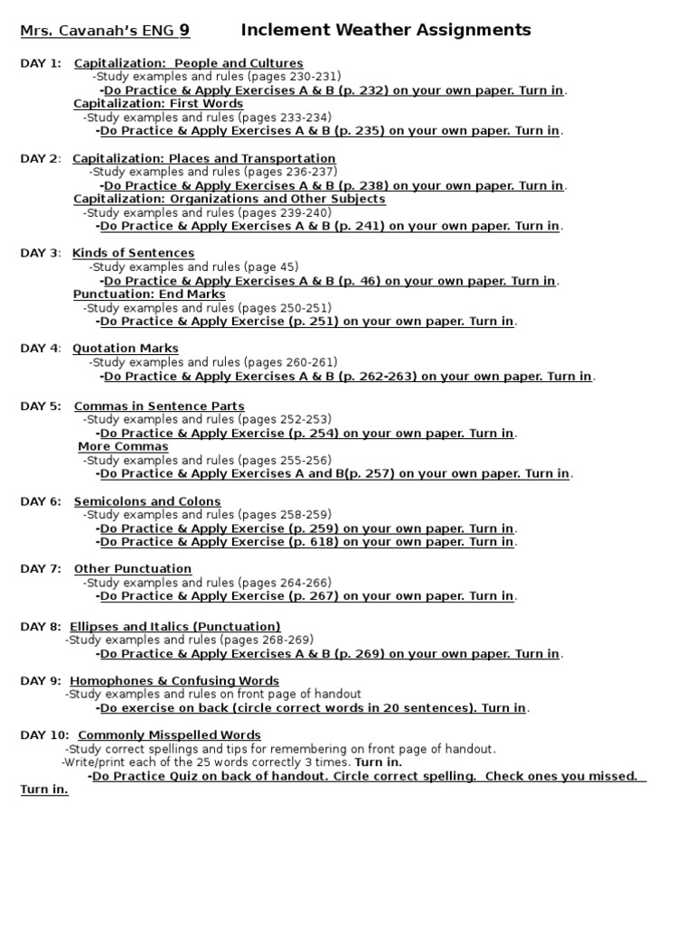 English 9: Weather Day Assignments | PDF | Language Arts & Discipline