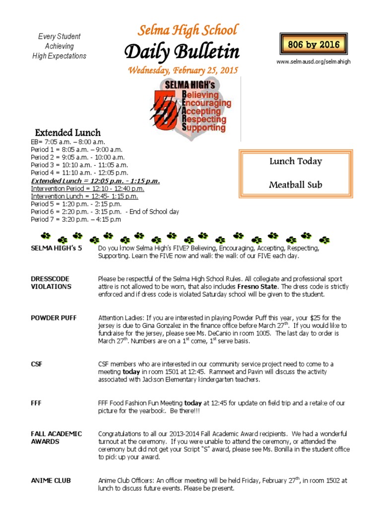 SHS Daily Bulletin 2-25-15 | PDF | Schools | Academia