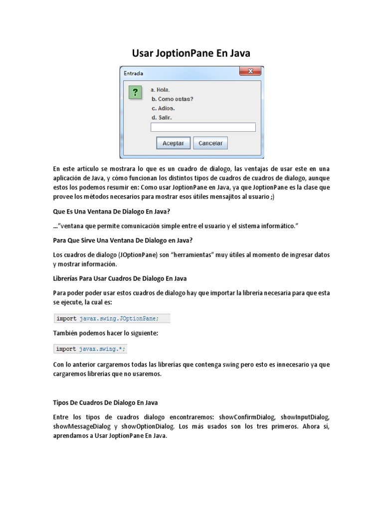 Joptionpane En Java Pdf Java Lenguaje De Programación Ventana