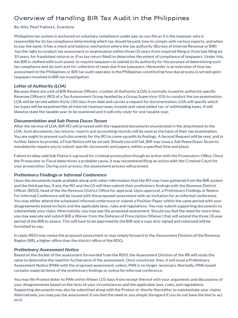 Overview of Handling BIR Tax Audit in the Philippines | Taxes | Prosecutor Overview of Handling BIR Tax Audit in the Philippines | Taxes | Prosecutor