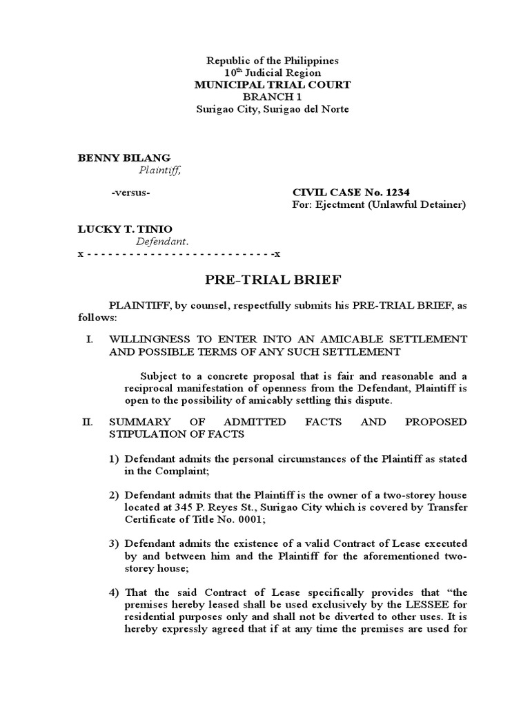 Sample Pre-Trial Brief.docx | Lawsuit | Lease
