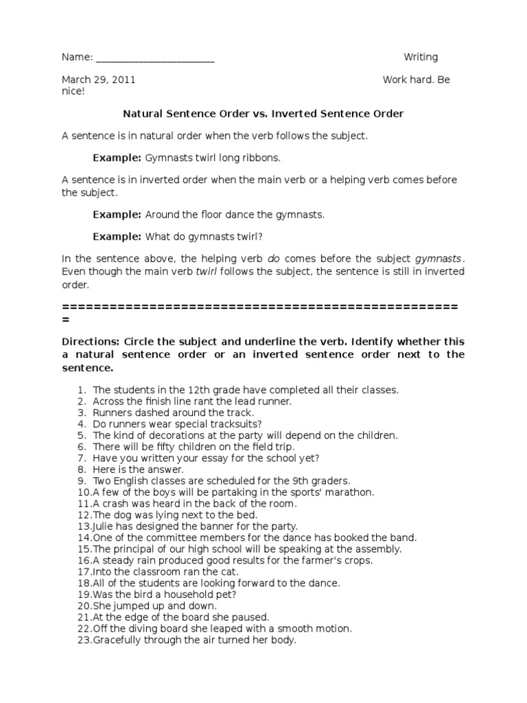 Natural Sentence Order vs. Inverted Sentence Order | PDF
