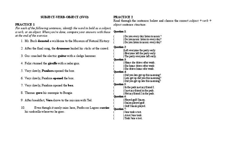 Subject-Verb-Object (Svo) Practice 1 Practice 2 | PDF | Cognitive ...