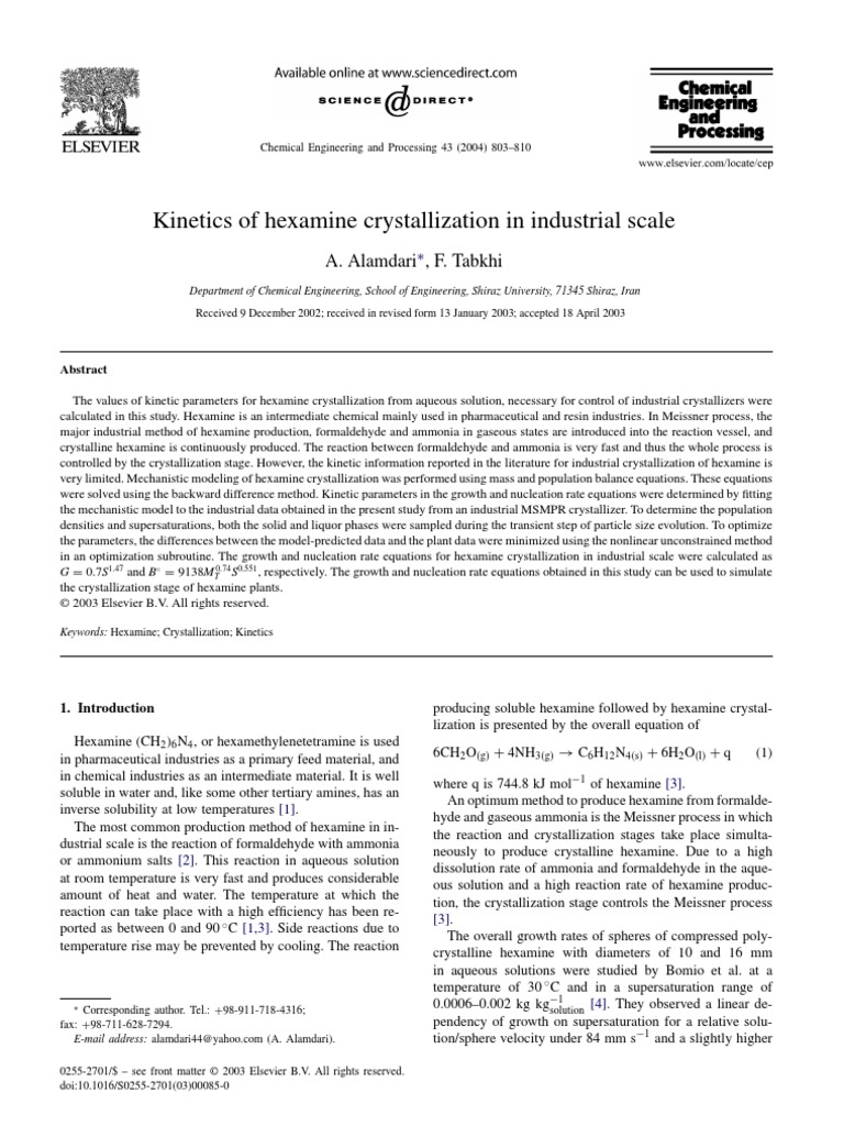 Kinetics of Hexamine Crystallization in Industrial Scale | PDF ...