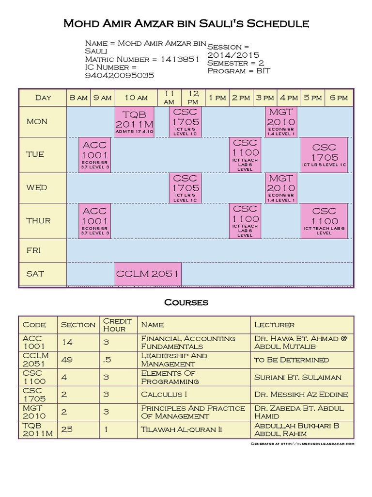 Mohd Amir Amzar Bin Sauli's Schedule | PDF