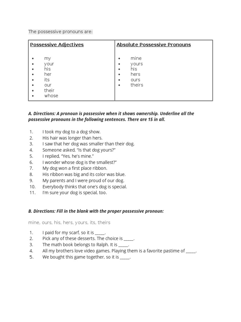 Possessive Pronouns Worksheet for Grade 3 | PDF