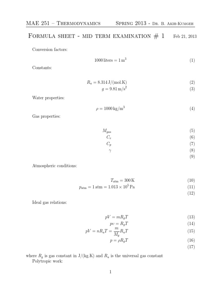 Mid Term Formula Sheet | PDF | Science & Mathematics