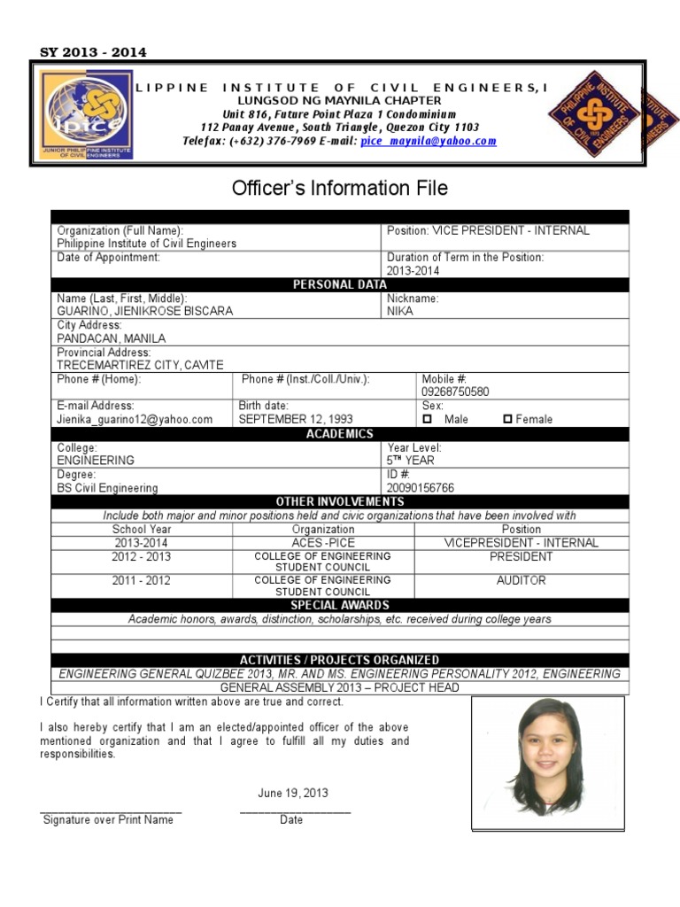 Officer's Information File: Philippine Institute of Civil Engineers ...