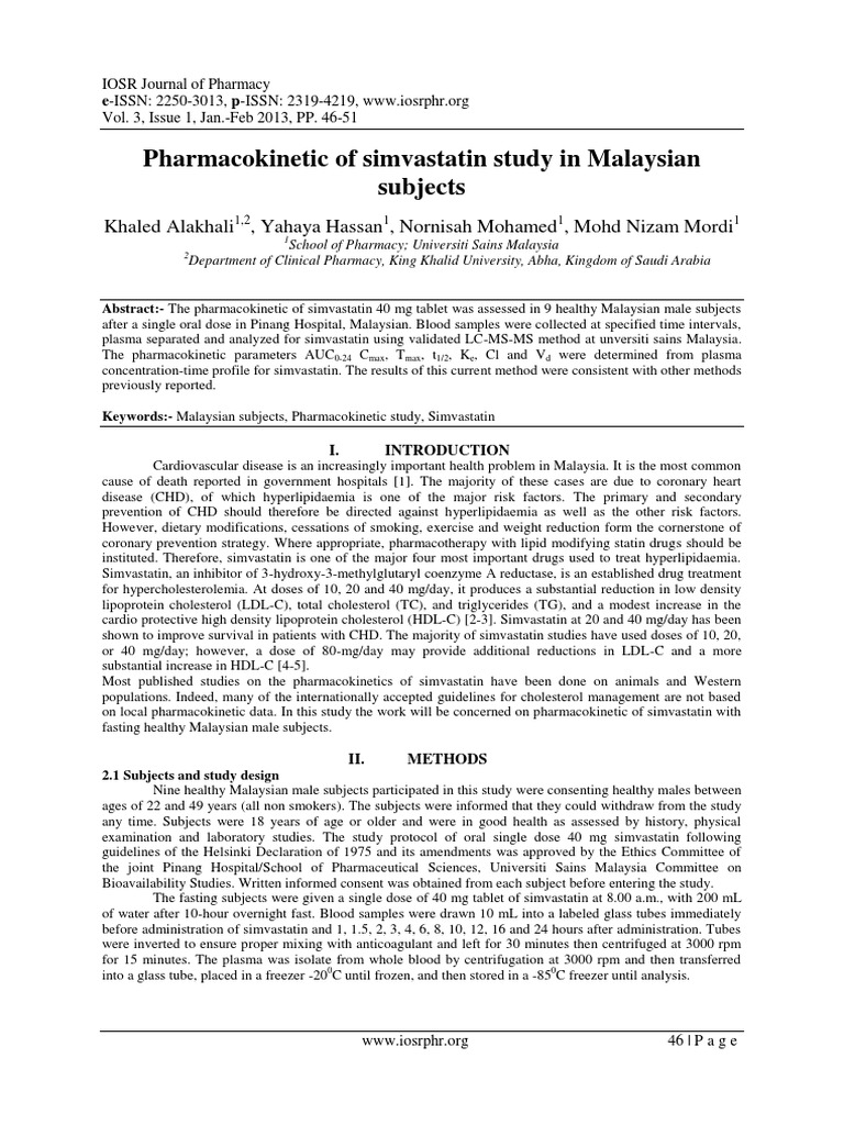 Pharmacokinetic of Simvastatin Study in Malaysian Subjects | PDF ...