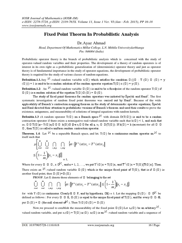 Fixed Point Theorm in Probabilistic Analysis | PDF | Compact Space | Random Variable