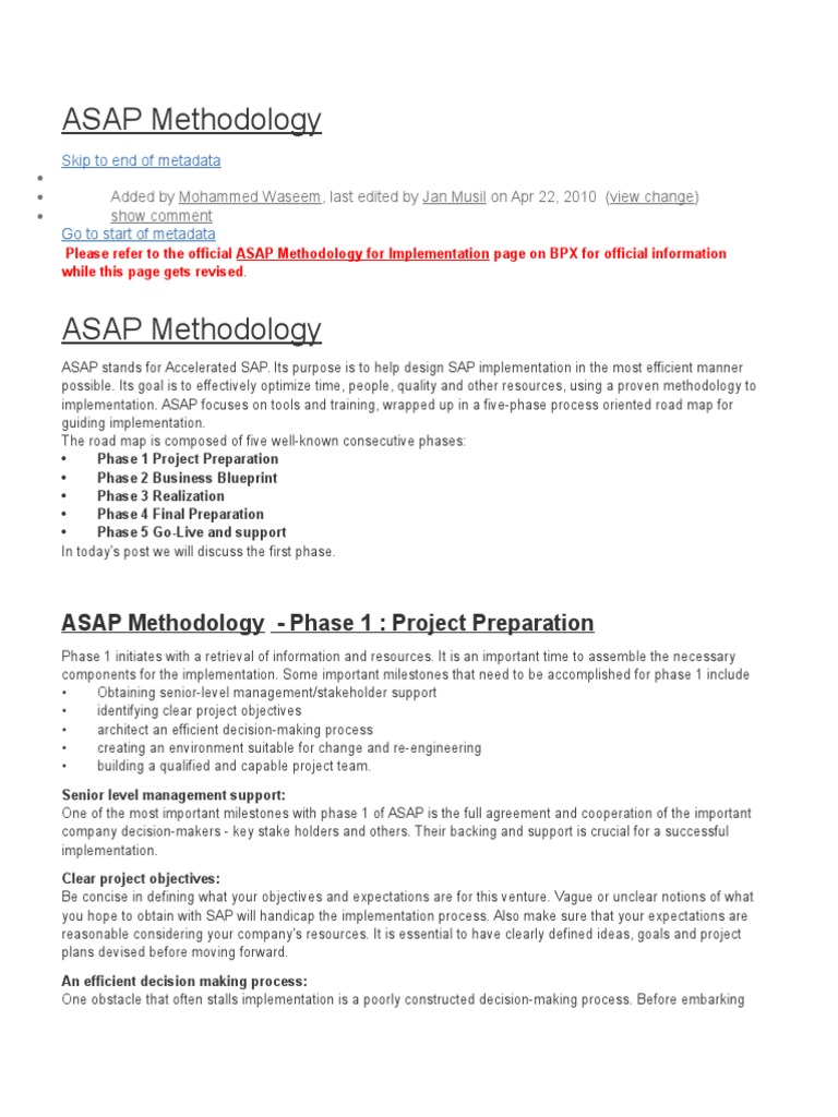 ASAP Methodology - Phase 1: Project Preparation | PDF | Databases ...