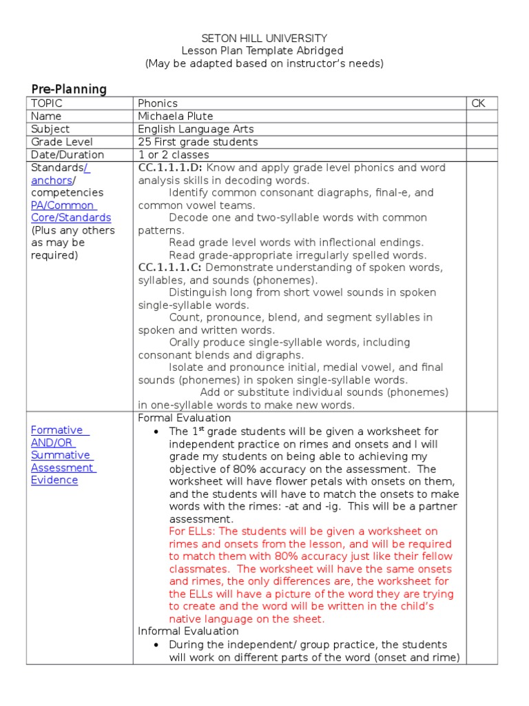Phonics Lesson Plan for First Grade | PDF | Syllable | Phonics