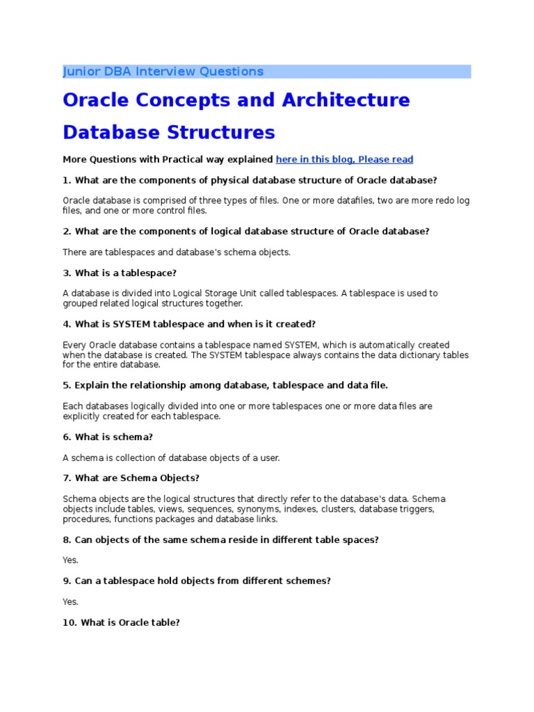 Junior DBA Interview Questions | PDF | Database Index | Oracle Database