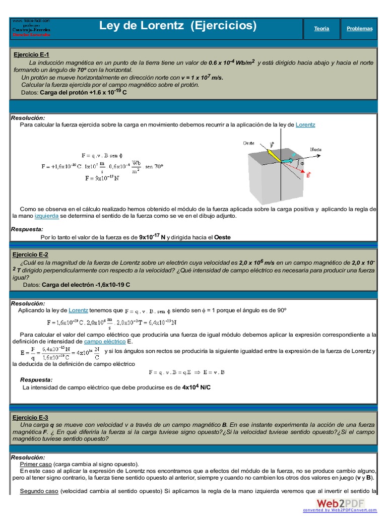Ejercicios Ley de Lorentz | PDF | Campo magnético | Campo eléctrico