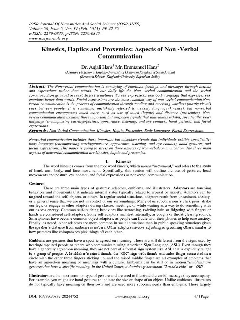 Kinesics, Haptics and Proxemics: Aspects of Non -Verbal Communication ...
