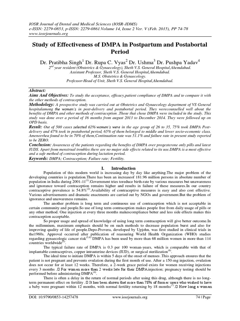 Study of Effectiveness of DMPA in Postpartum and Postabortal Period ...