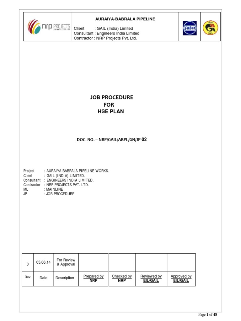 Job Procedure FOR: Hse Plan | PDF | Welding | Construction