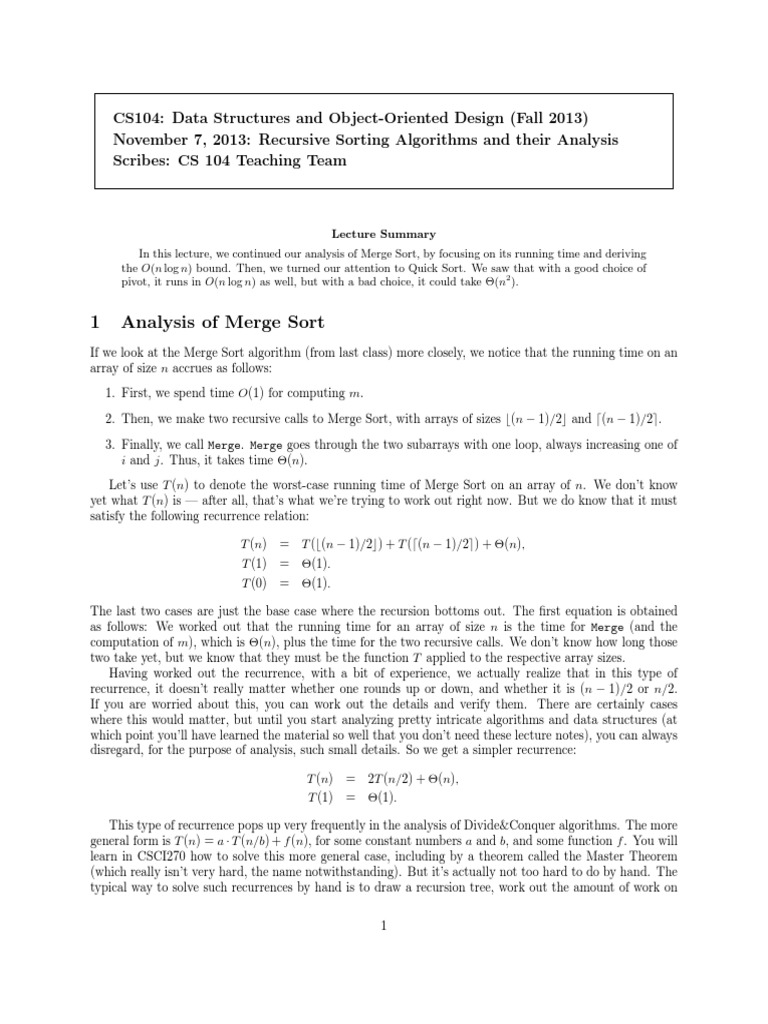 1 Analysis of Merge Sort | PDF