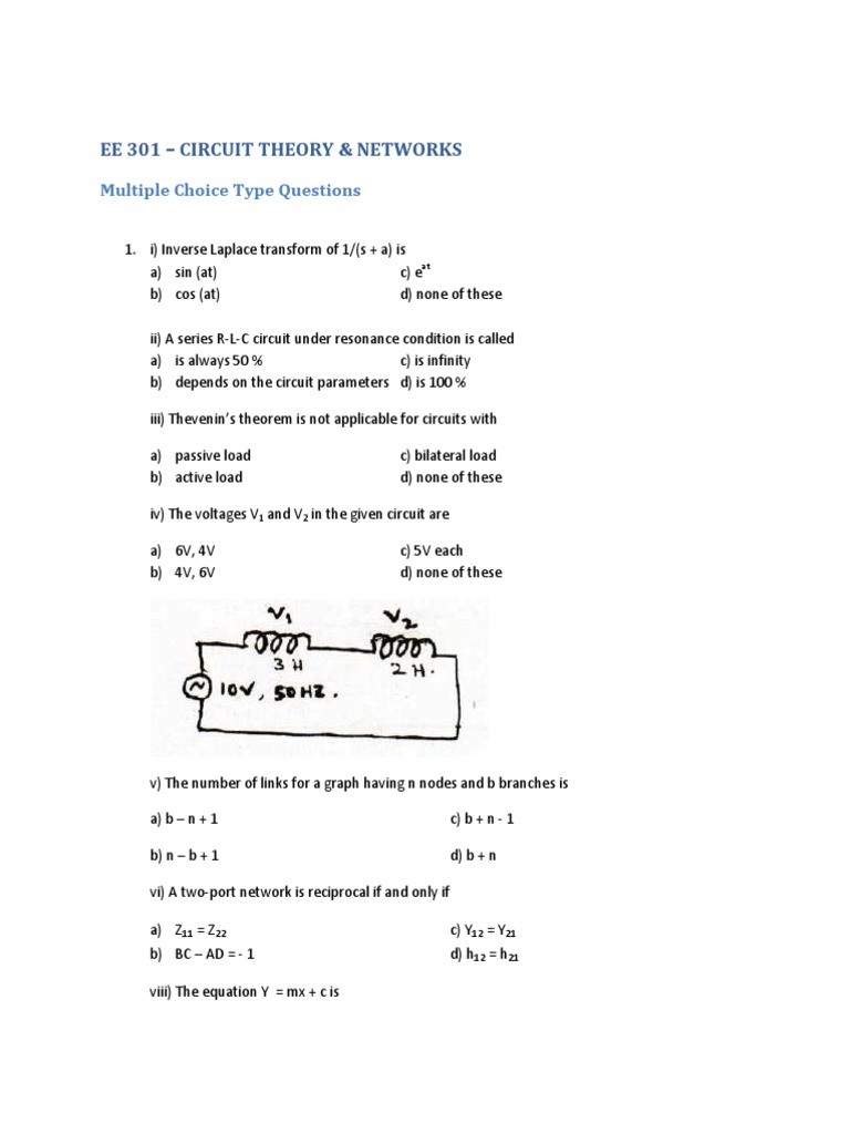 Ee 301 - Circuit Theory & Networks: Multiple Choice Type Questions ...