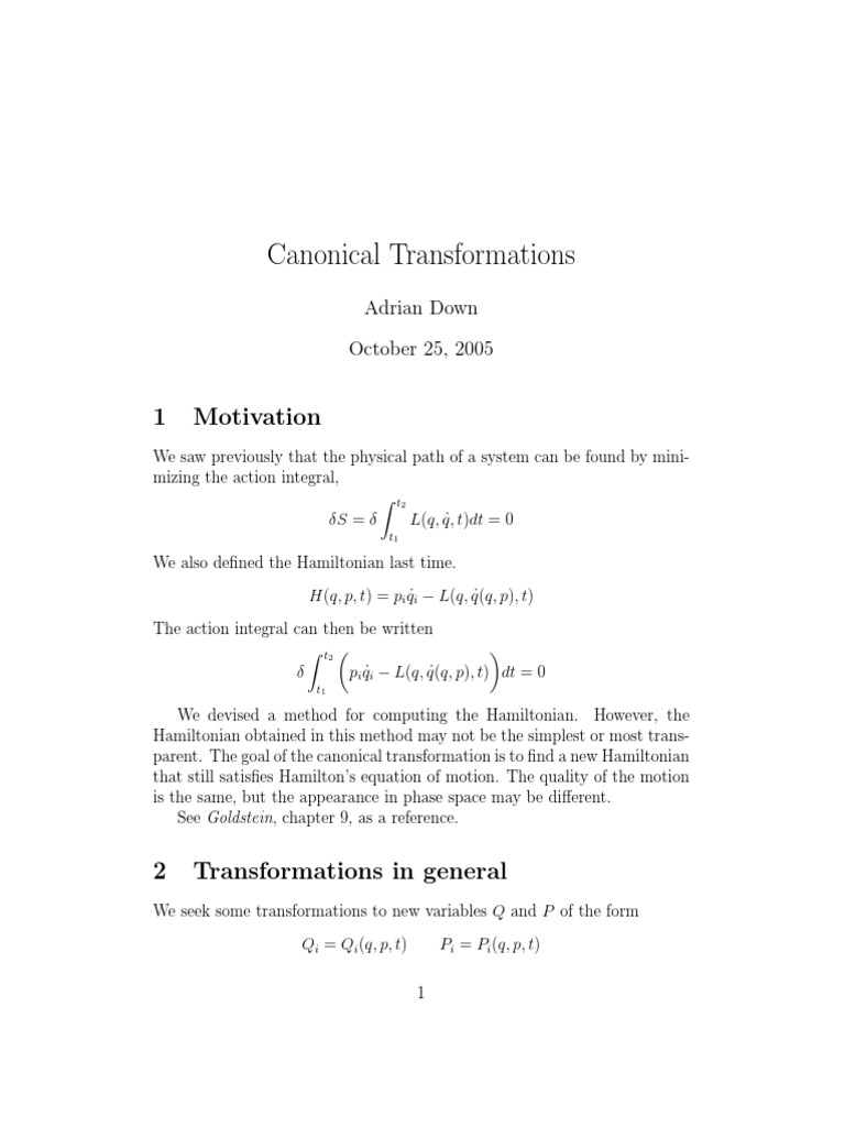 Canonical Transformations: 1 Motivation | PDF | Hamiltonian Mechanics ...