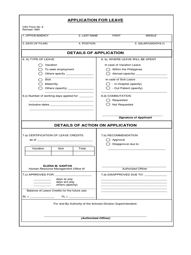 Application For Leave: CSC Form No. 6 Revised 1984 1. Office/Agency 2 ...