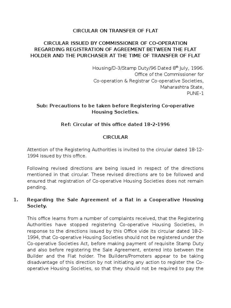 Circular On Transfer of Flat | PDF | Cooperative | Deed