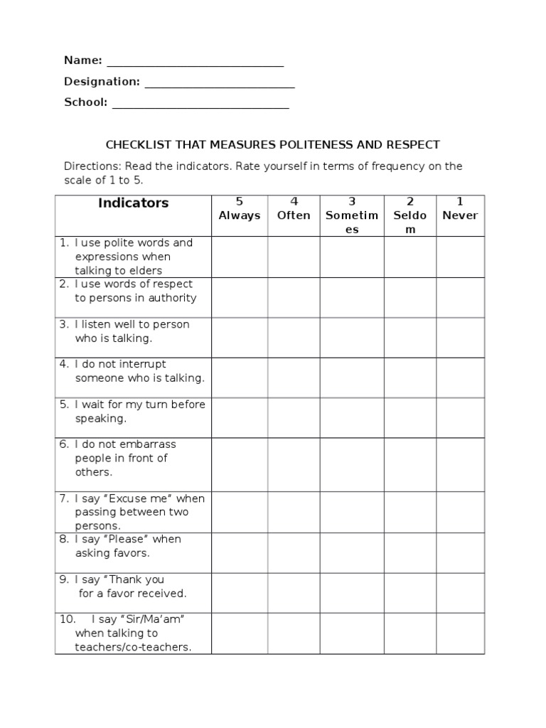 Politeness and Respect Checklist | PDF