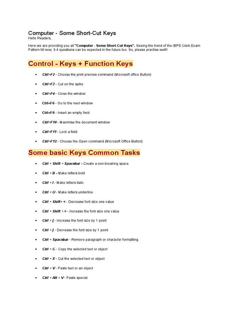 Control - Keys + Function Keys: Computer - Some Short-Cut Keys | PDF ...