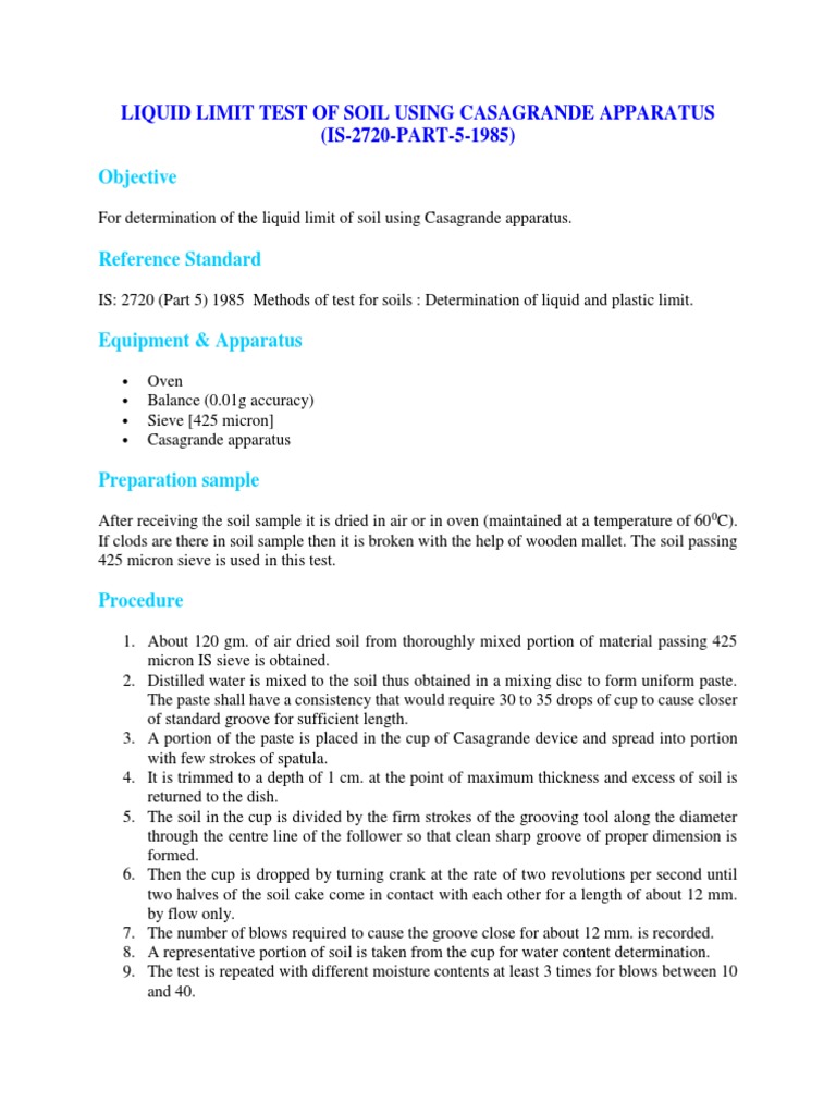 Liquid Limit Test of Soil Using Casagrande Apparatus PDF | PDF ...