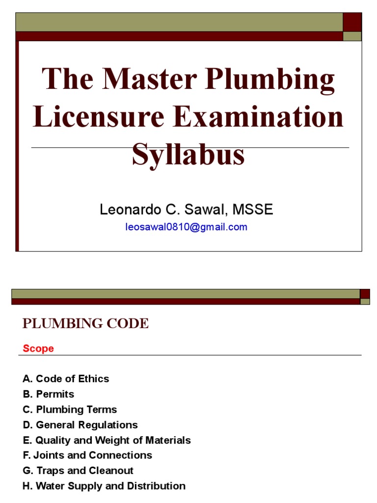 The Master Plumbing Licensure Examination Syllabus: Leonardo C. Sawal ...