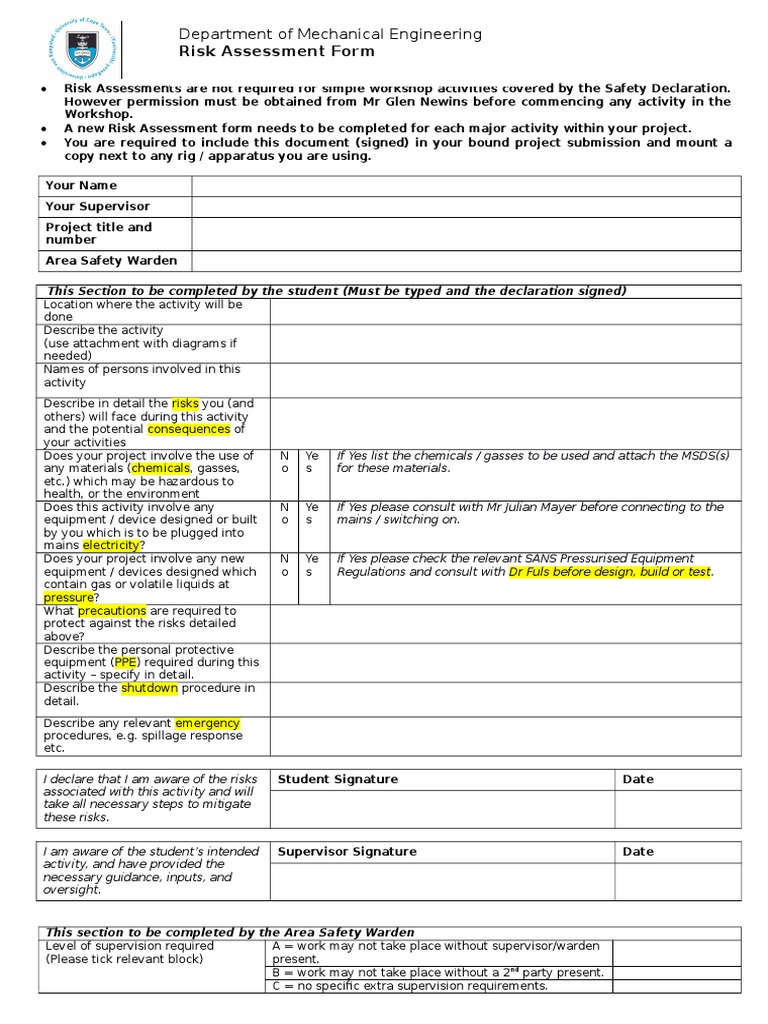 Risk Assessment Form: Department of Mechanical Engineering | PDF ...