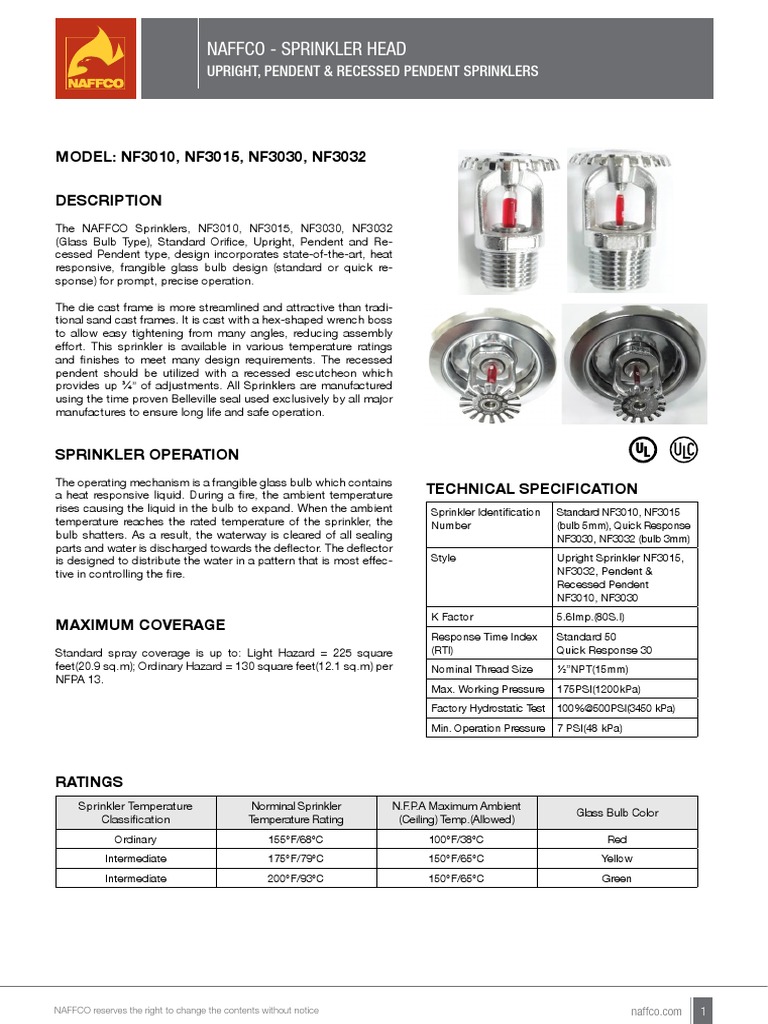 NAFFCO Sprinkler Head Specifications | PDF | Fire Sprinkler System ...