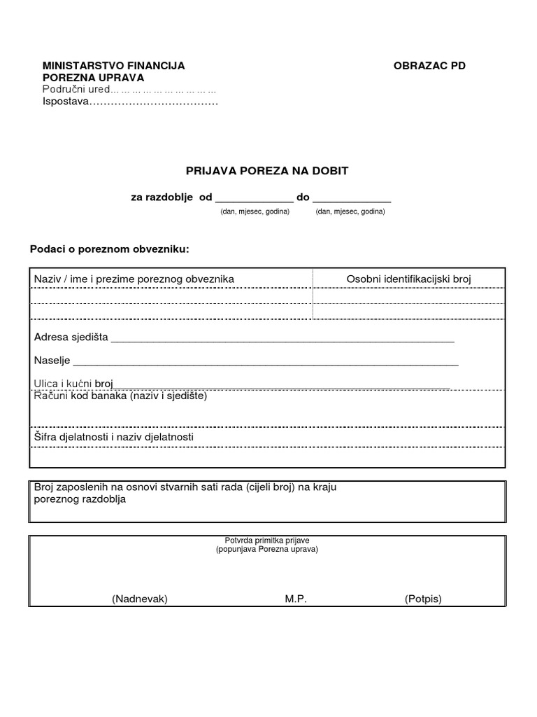 Prijava Poreza Na Dobit: Ministarstvo Financija Obrazac PD Porezna ...