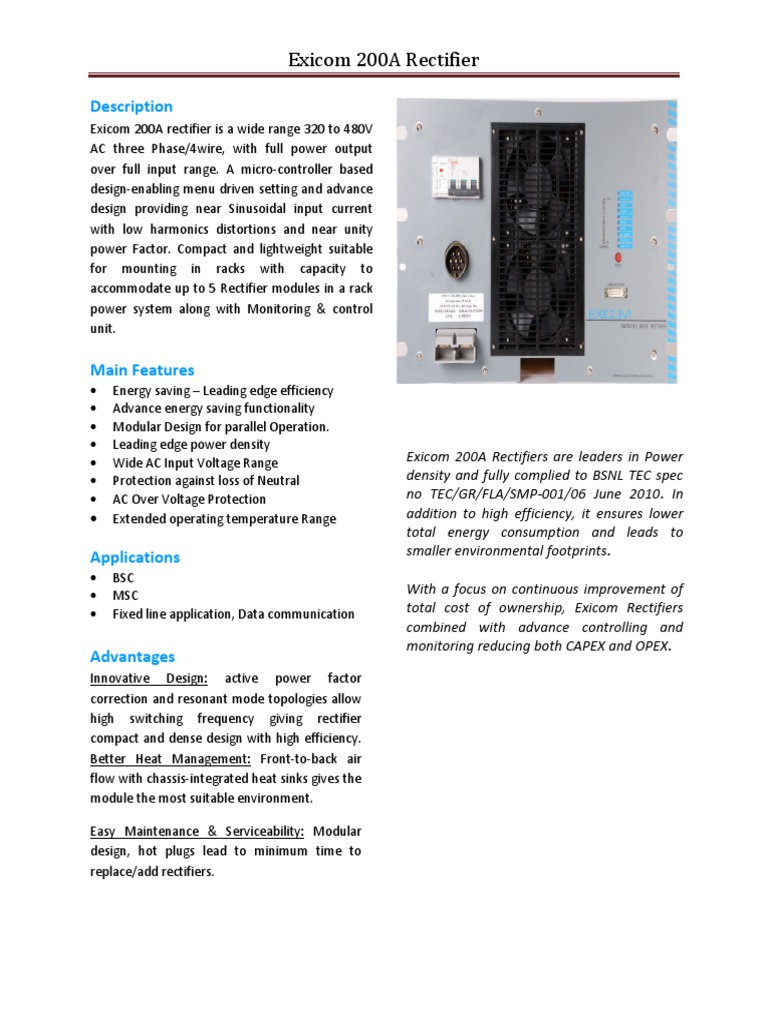 Exicom 200A Rectifier | PDF | Rectifier | Alternating Current Exicom 200A Rectifier | PDF | Rectifier | Alternating Current