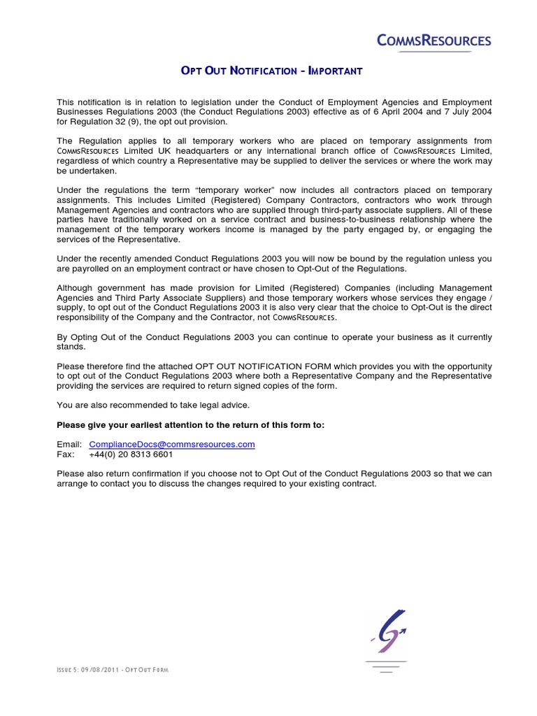 Opt Out Form PDF | PDF | Temporary Work | Supply Chain