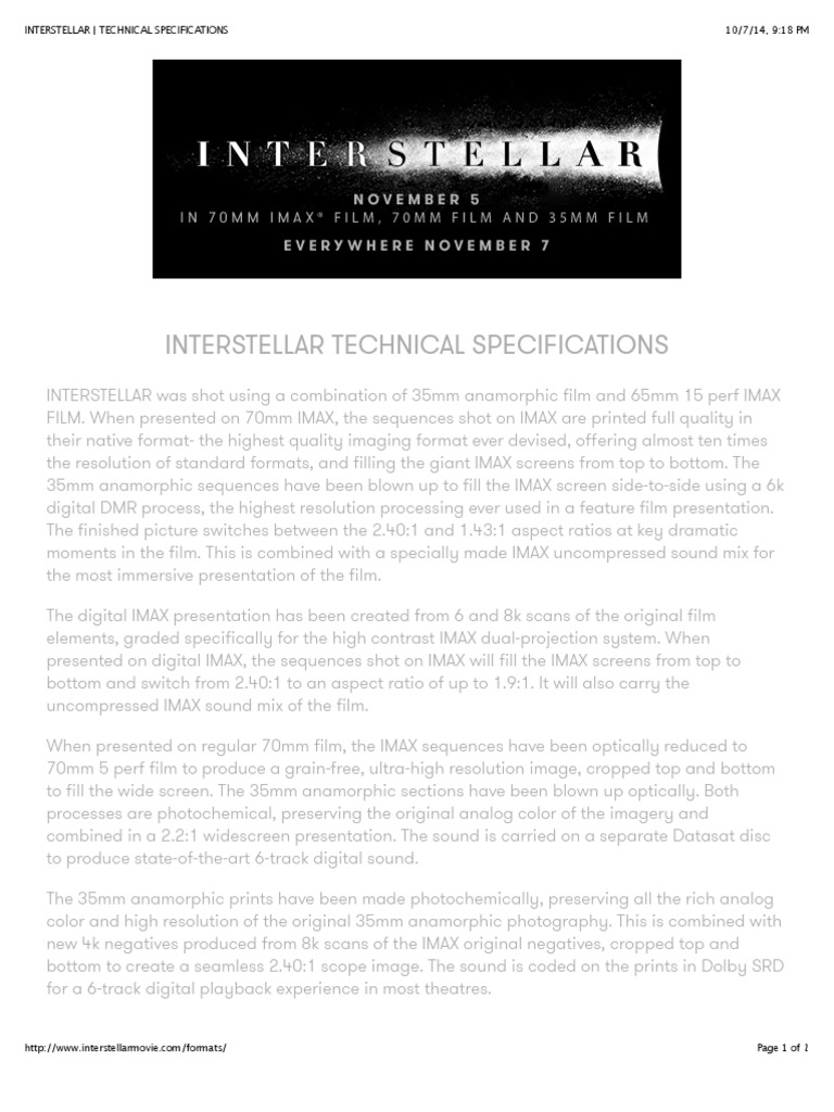 Interstellar Technical Specs Overview | PDF | Storage Media | Film And ...