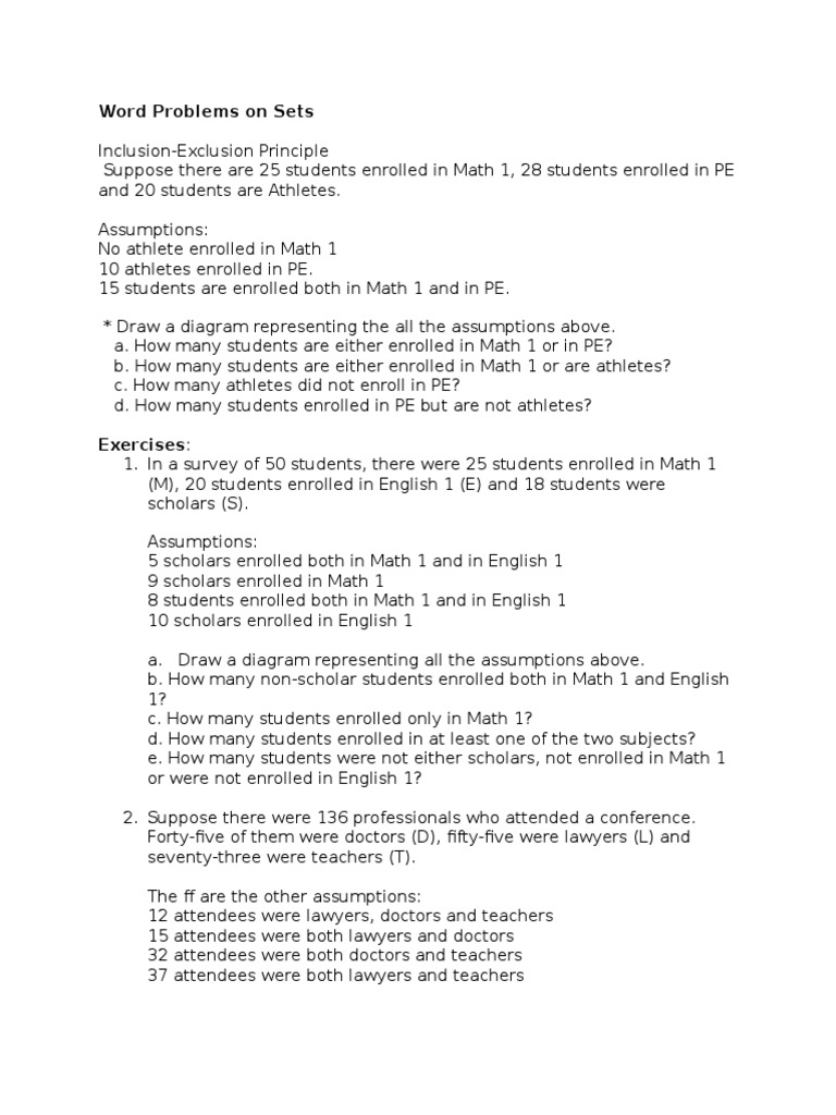Sets - Word Problems | PDF | Academia | Cognition