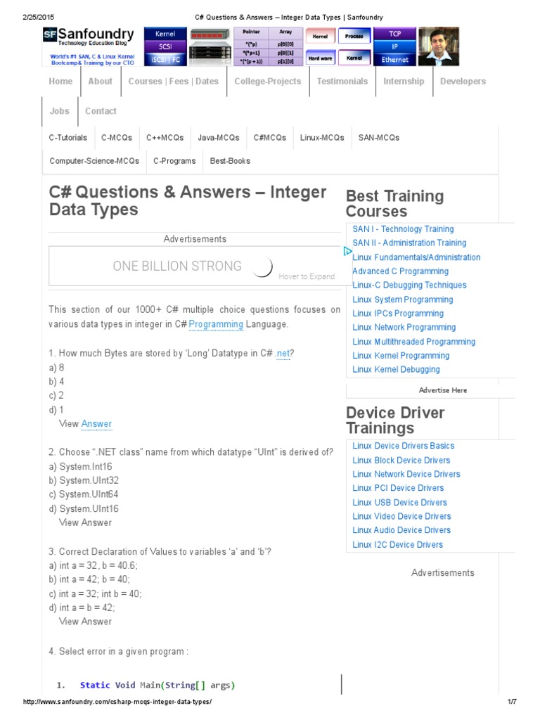 C Questions And Answers Integer Data Types Sanfoundry Pdf Method Computer Programming