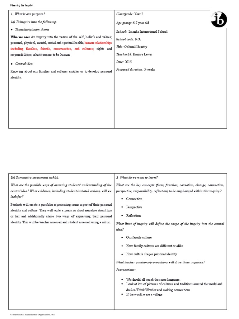 PYP Planner For 'Who We Are' | Narrative | Learning
