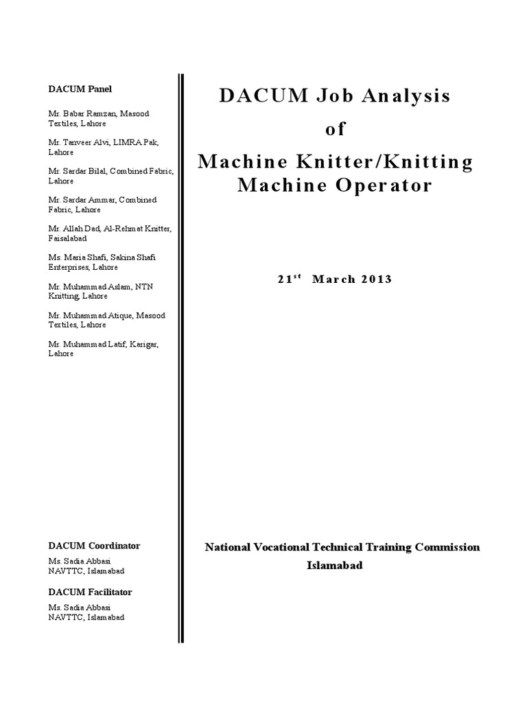 DACUM Chart On Knitting Machine Operator | PDF | Knitting | Chess