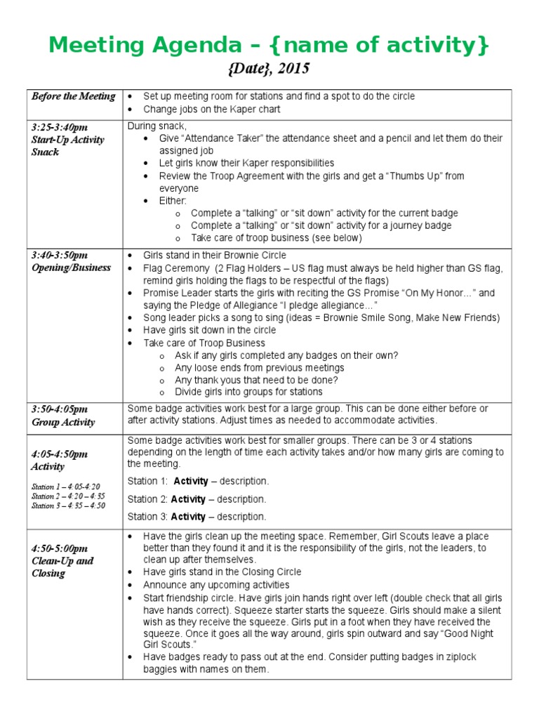 Meeting Agenda for Brownie Activity | PDF