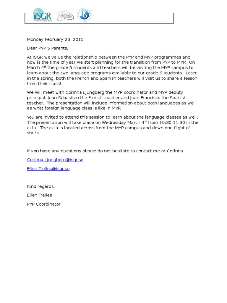 Letter To Parents About Grade 6 Languages | PDF
