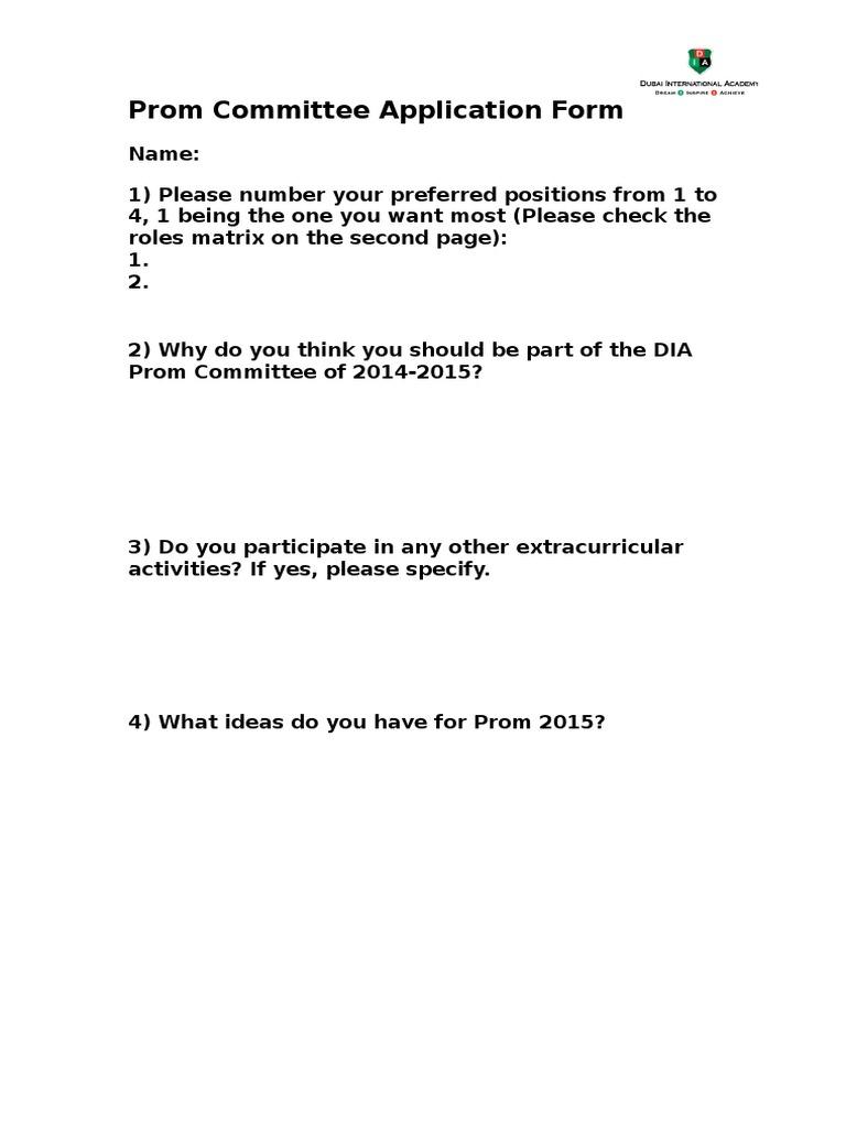 Prom Committee Application Form | PDF
