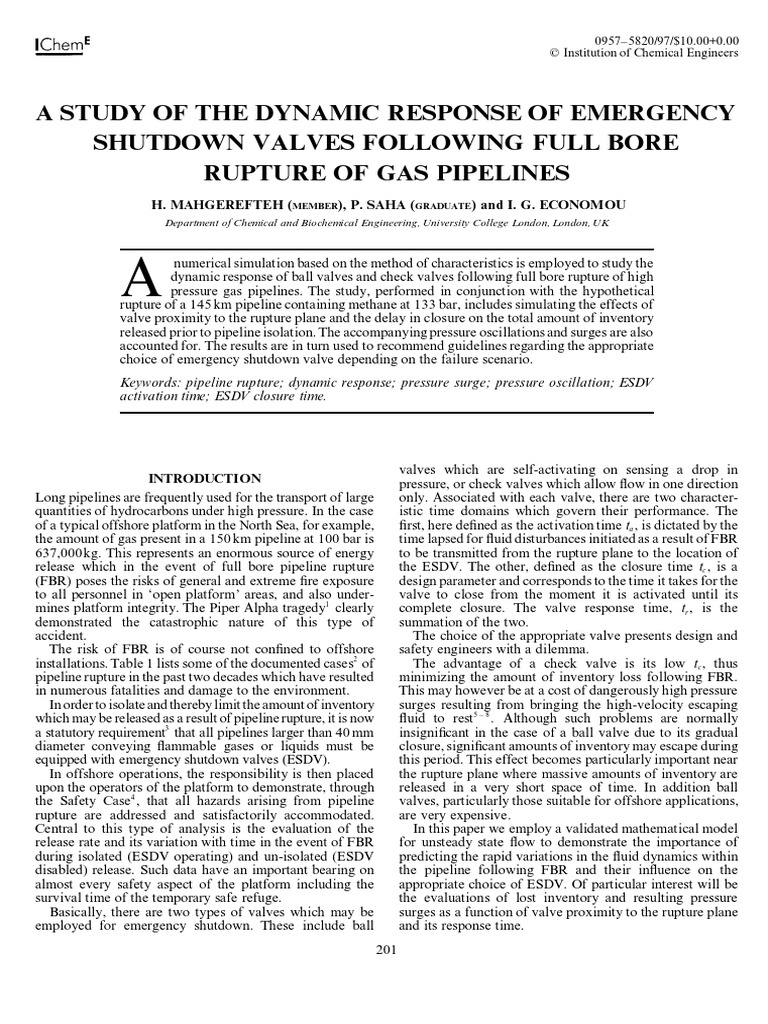 A Study of The Dynamic Response of Emergency Shutdown Valves Following ...