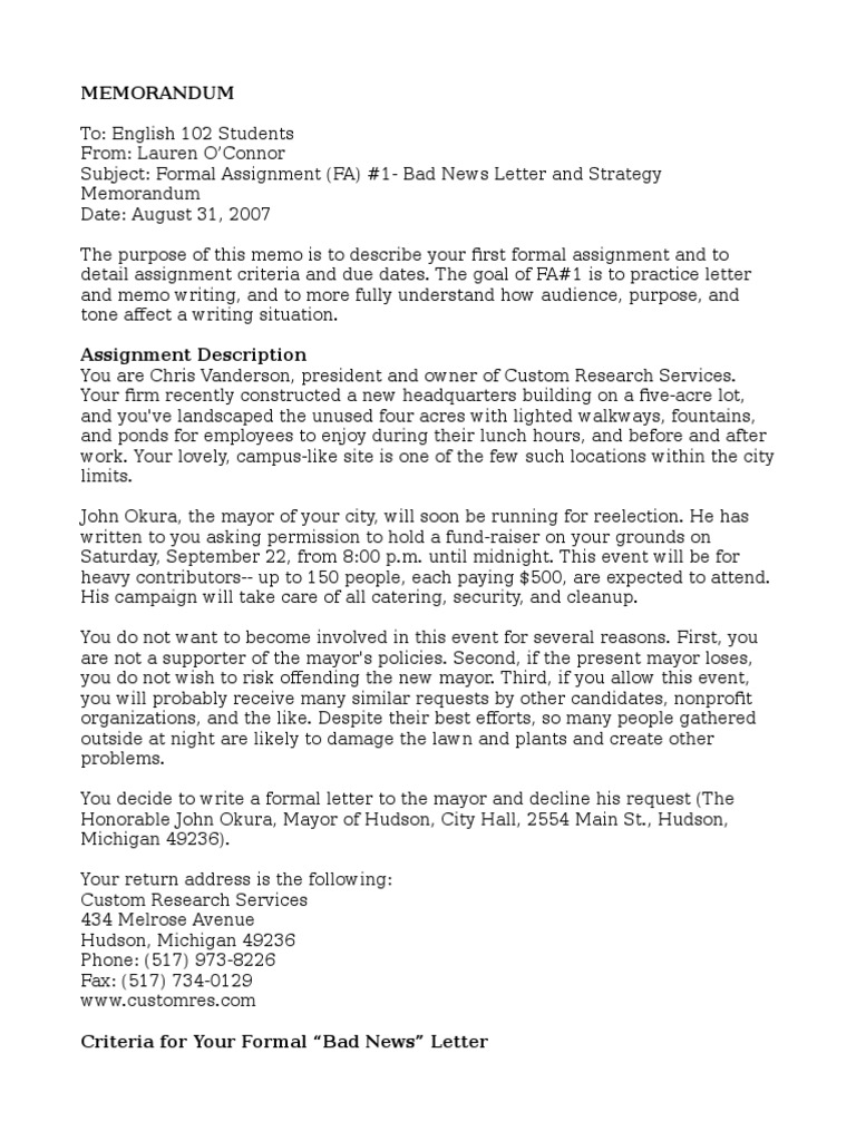 Bad News Letter Assignment Guide | PDF | Memorandum | Times New Roman