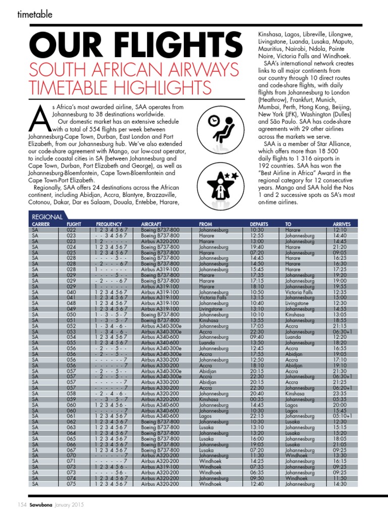 Our Flights South African Airways Timetable Highlights | PDF ...