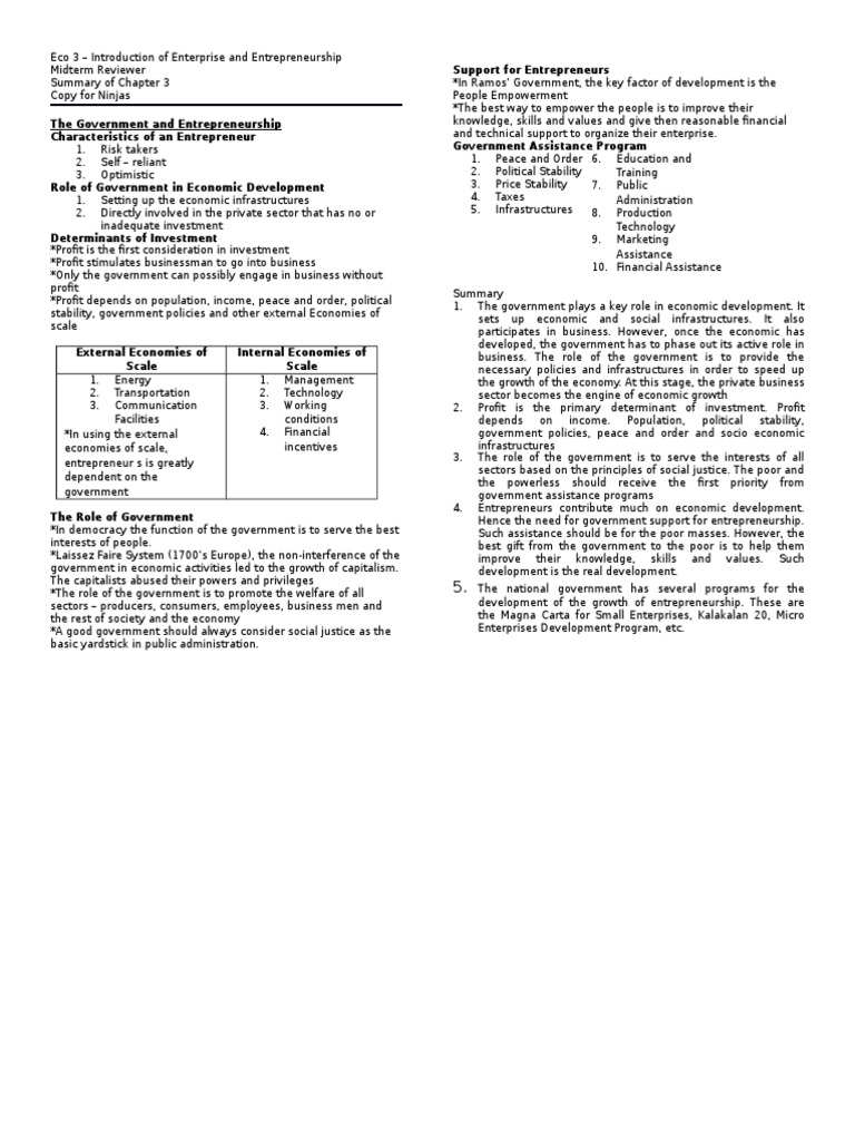 Eco 3 - Chapter 3 The Government and Entrepreneurship | PDF | Economic ...