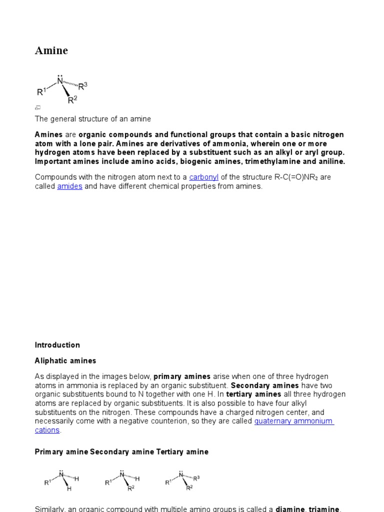 The Structure, Properties, Synthesis, and Applications of Amines | PDF | Amine | Hydrogen Compounds